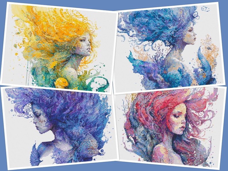 4 Mermaids Cross Stitch Patterns, Printable Watercolor Mermaid PDF ...