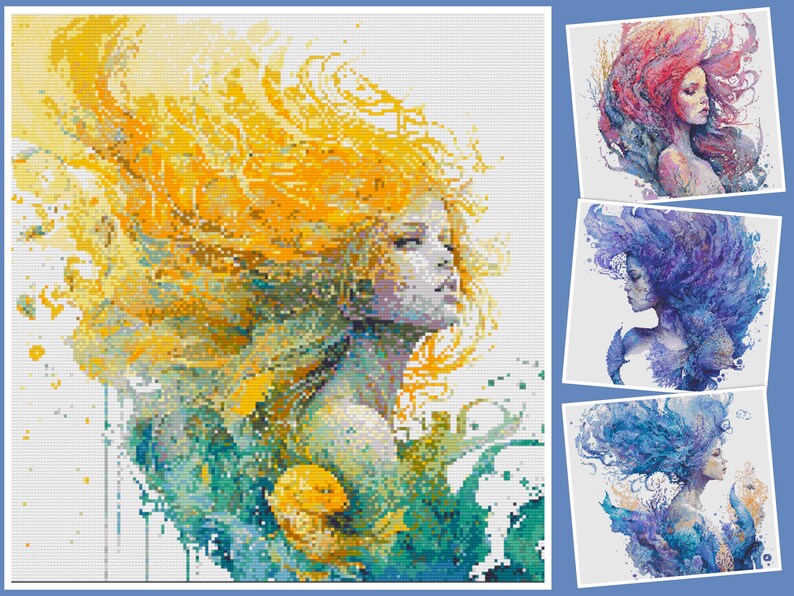4 Mermaids Cross Stitch Patterns, Printable Watercolor Mermaid PDF ...