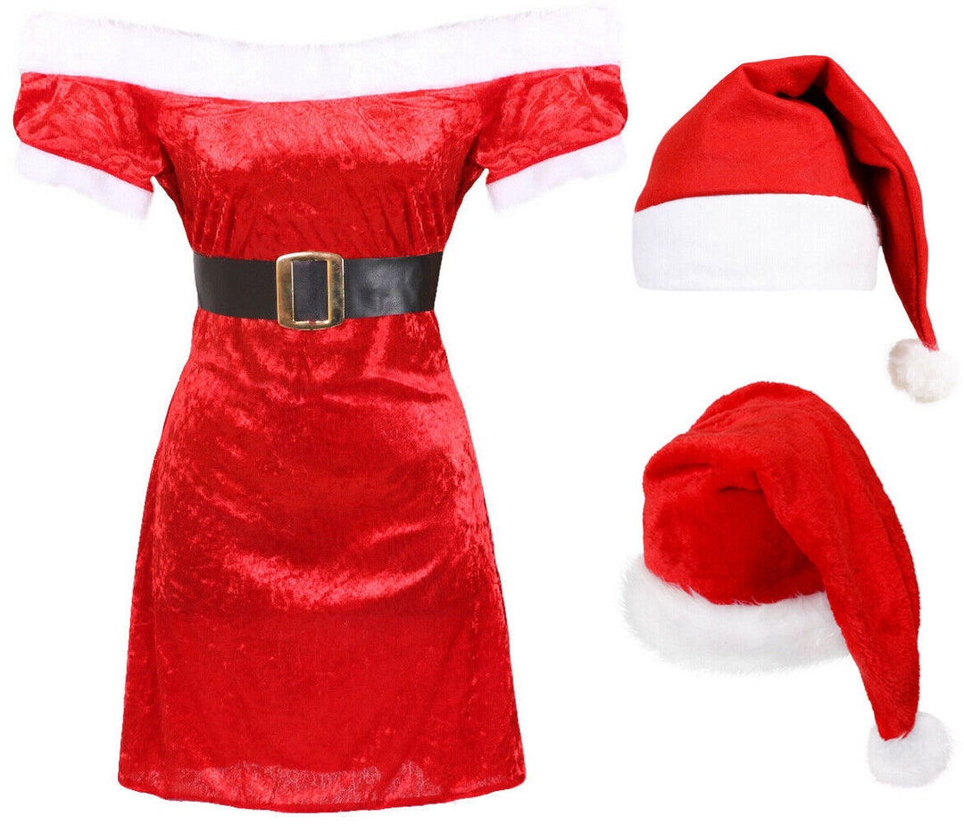 Ladies Santa Dress Christmas Costume With Hat Velour Fancy Dress Mrs ...