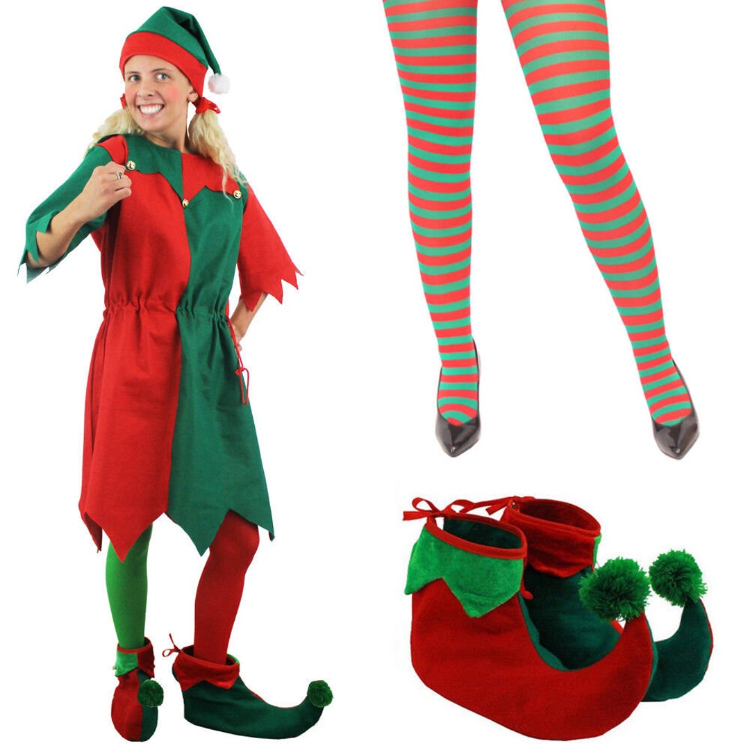 Ladies Elf Costume Christmas Fancy Dress Optional Accessories Xmas ...
