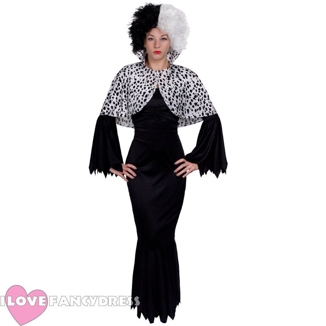 Ladies Cruella Costume Scruffy Wig Dress Dalmatian Cape Halloween Fancy ...