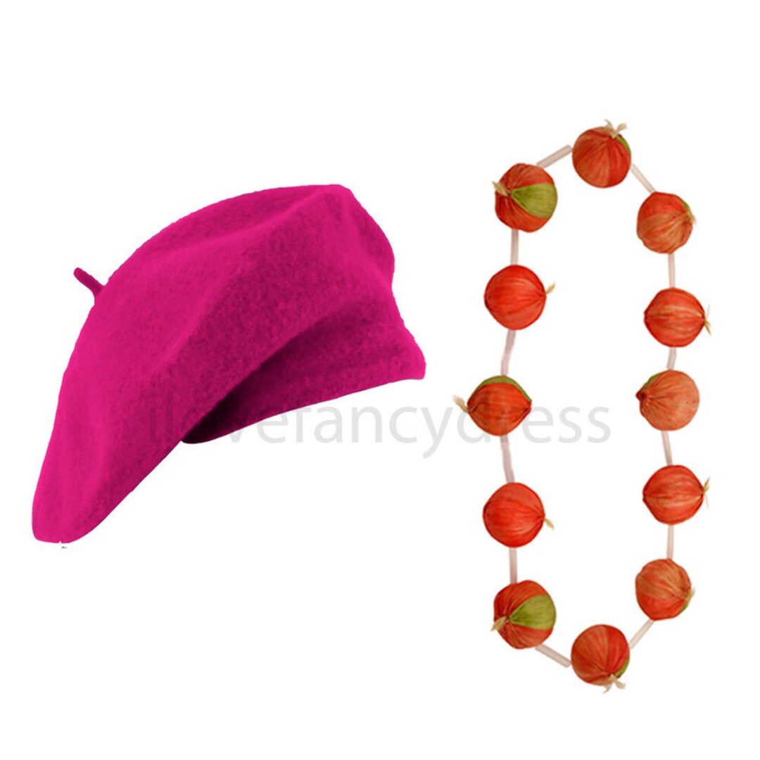 Hot Pink Beret Hat and Onion Garland Necklace French Fancy Dress ...