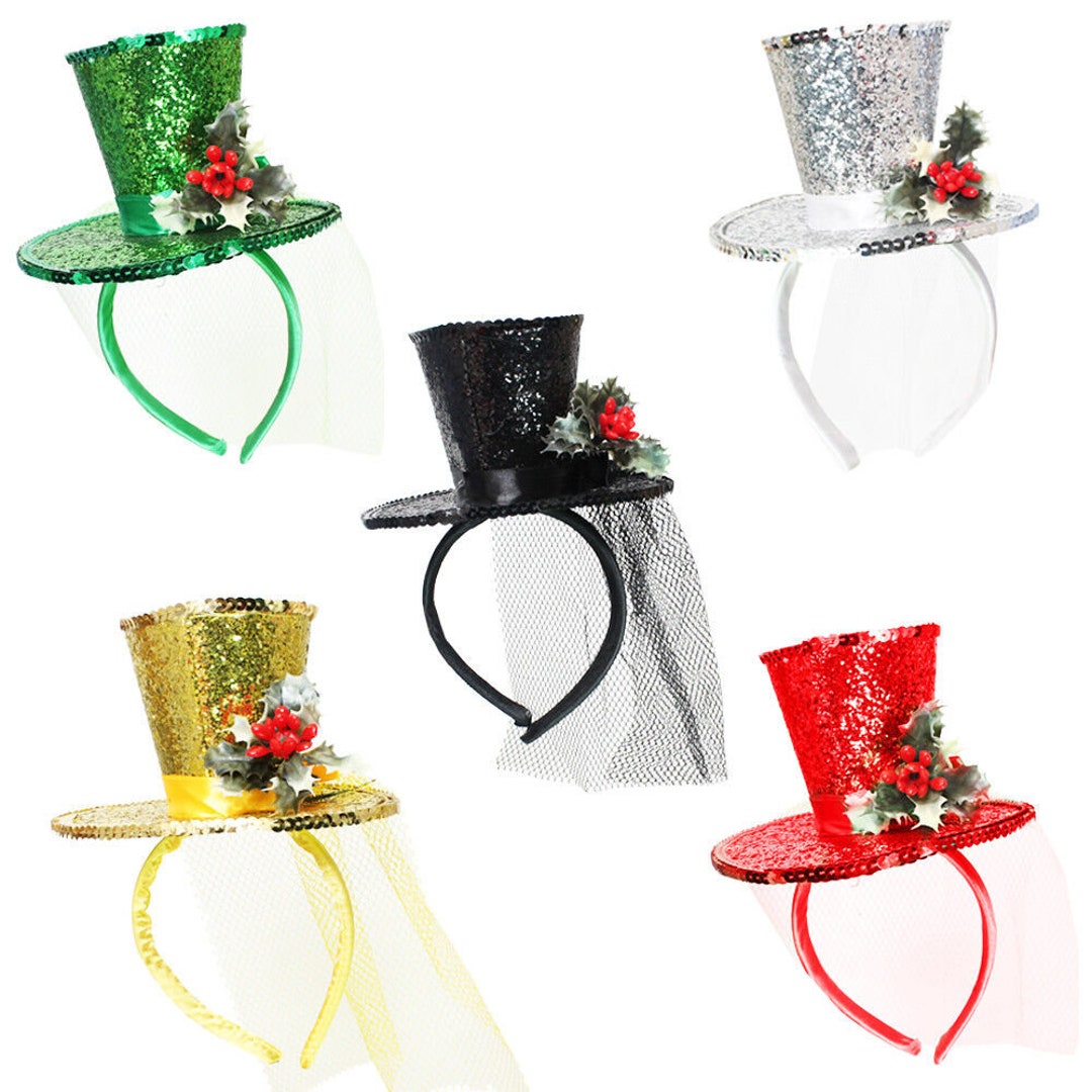 Mini Glitter Top Hat With Holly Christmas Headband Veil Ladies Party ...