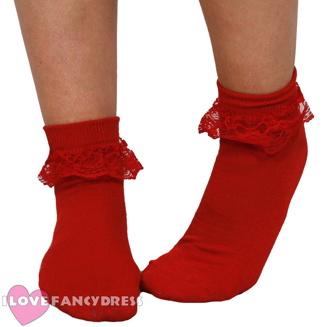 Red 1950s Bobby Socks Rock N Roll Fancy Dress Lace Trim Frilly Ladies ...