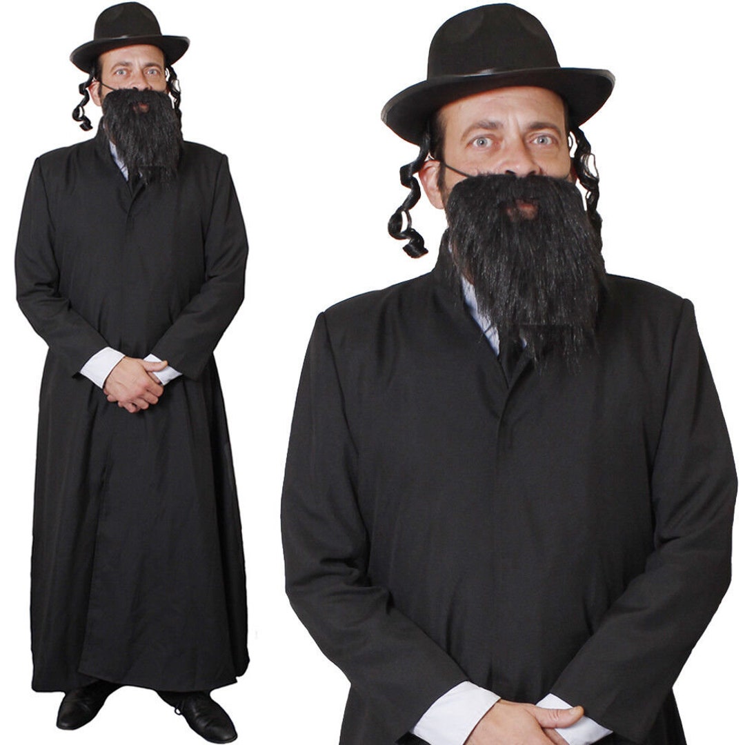 Mens Rabbi Costume Long Coat Hat With Sideburns Beard Jewish Fancy ...