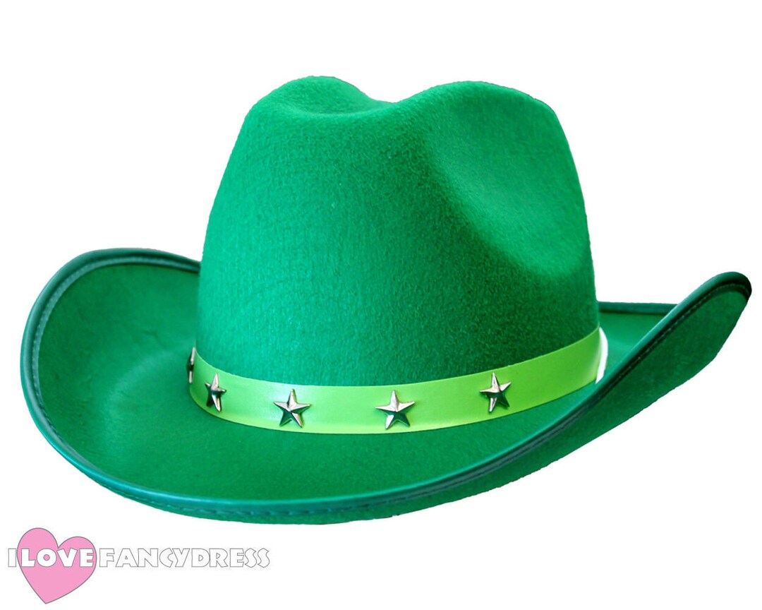 Green Star Studded Cowboy Hat Wild West Western Cowgirl Fancy Dress St ...