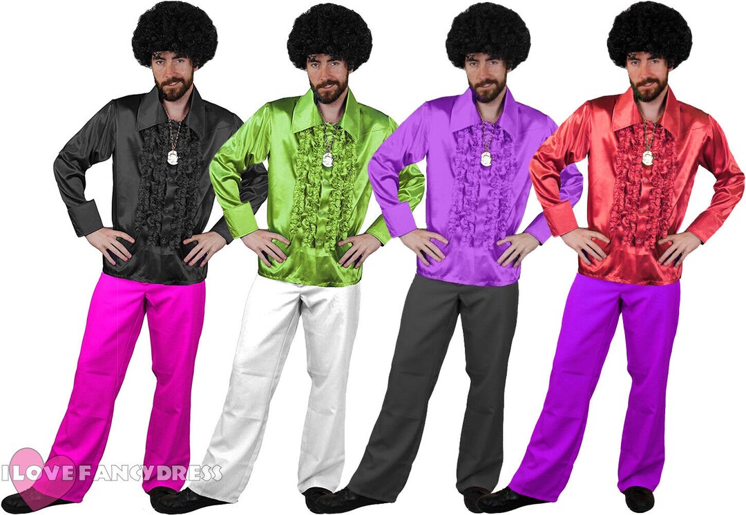 Mens 1970s Costume Disco Ruffle Shirt and Flares Fancy Dress 1960s S M ...