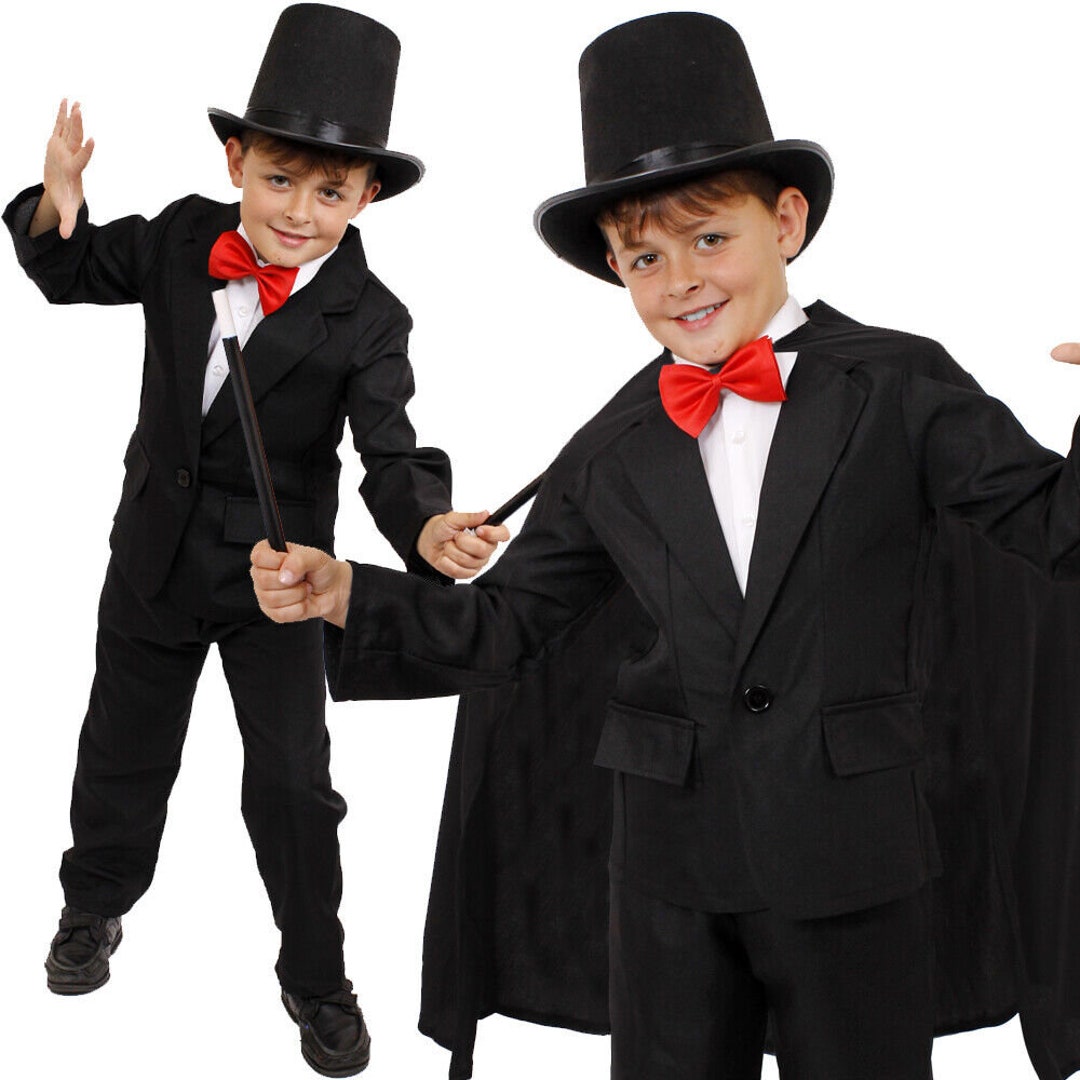 Child Magician Costume Black Suit Top Hat Bow Tie Wand Film - Etsy