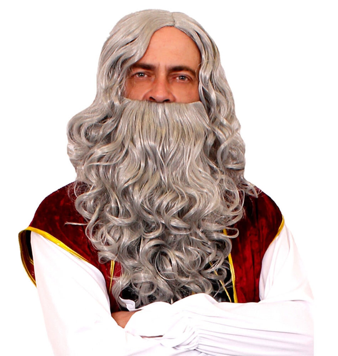 Deluxe Grey Wig and Beard Set Viking Wizard Zeus Santa Fancy Dress ...