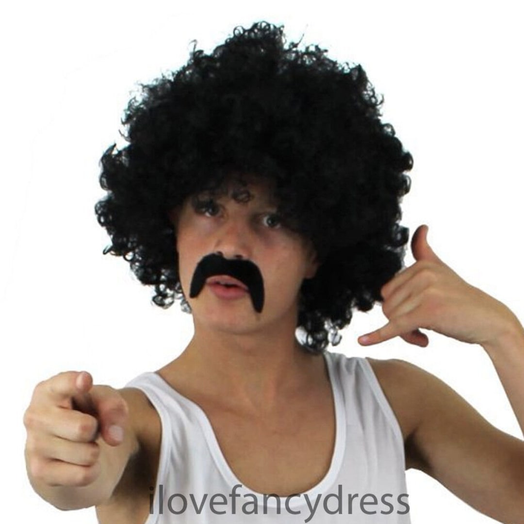 Curly Black Afro Wig and Moustache 1970s Disco Style Adult 118 Costume ...