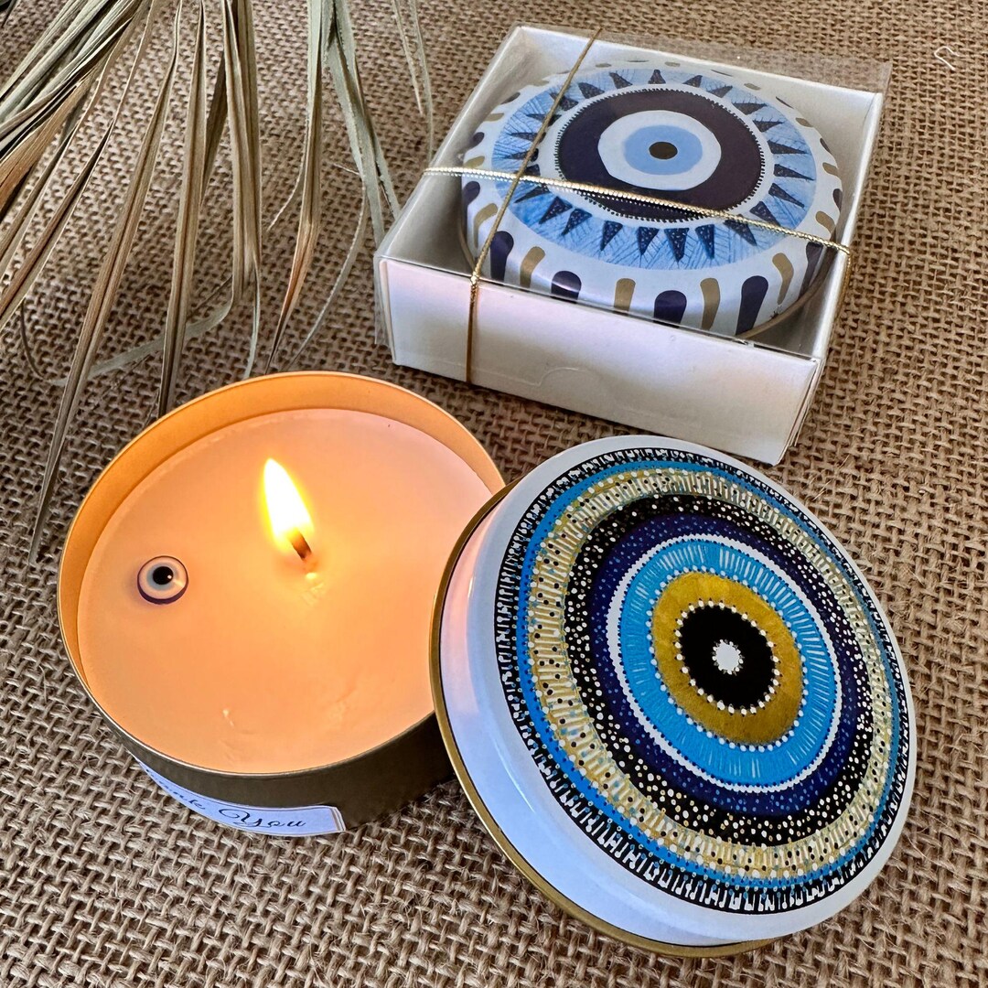 Evil Eye Candle Favor – Blue Eye Nazar Scented Candle in Tin, Wedding ...