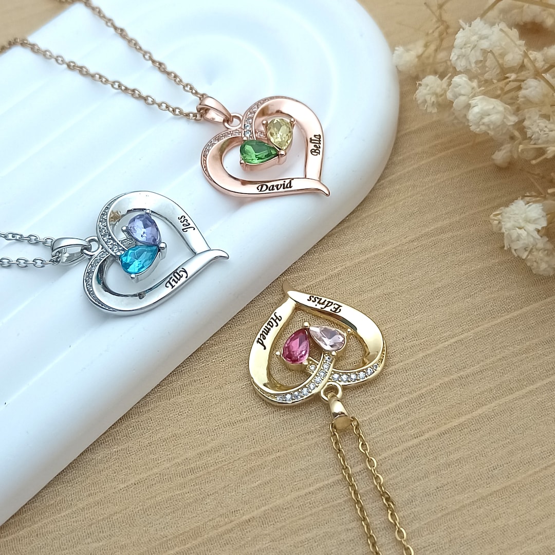 Personalized Birthstone Necklace • Heart Birthstone Necklace • Heart ...