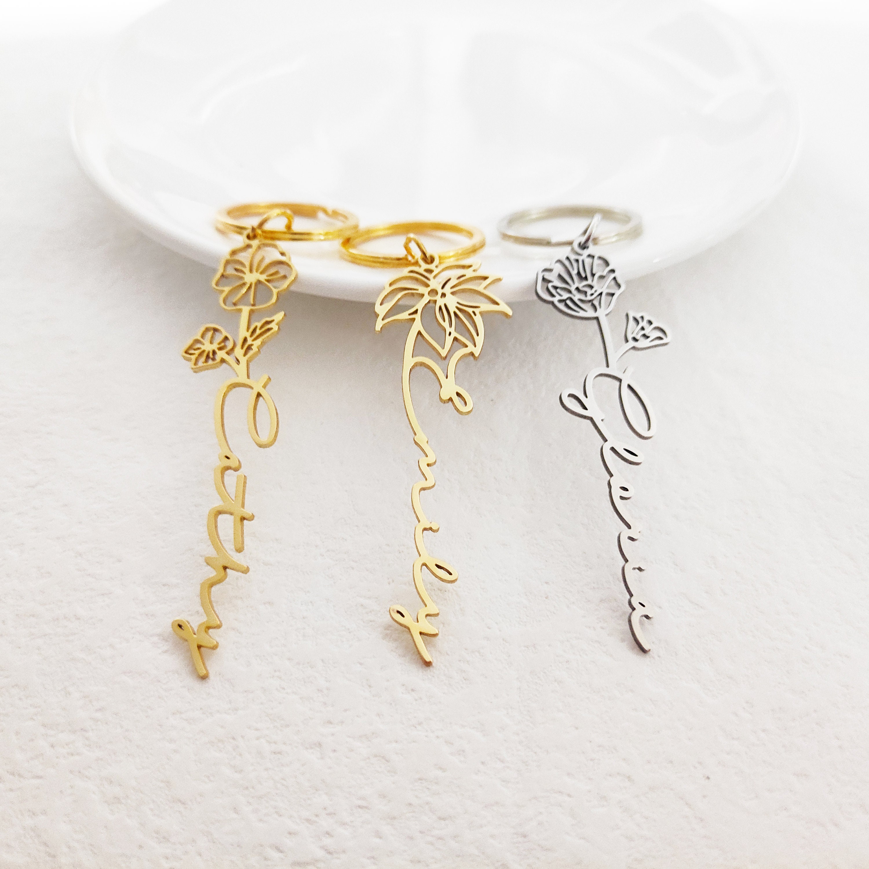 Custom Name Keychain With Birth Flower · Custom Birth Flower Name ...