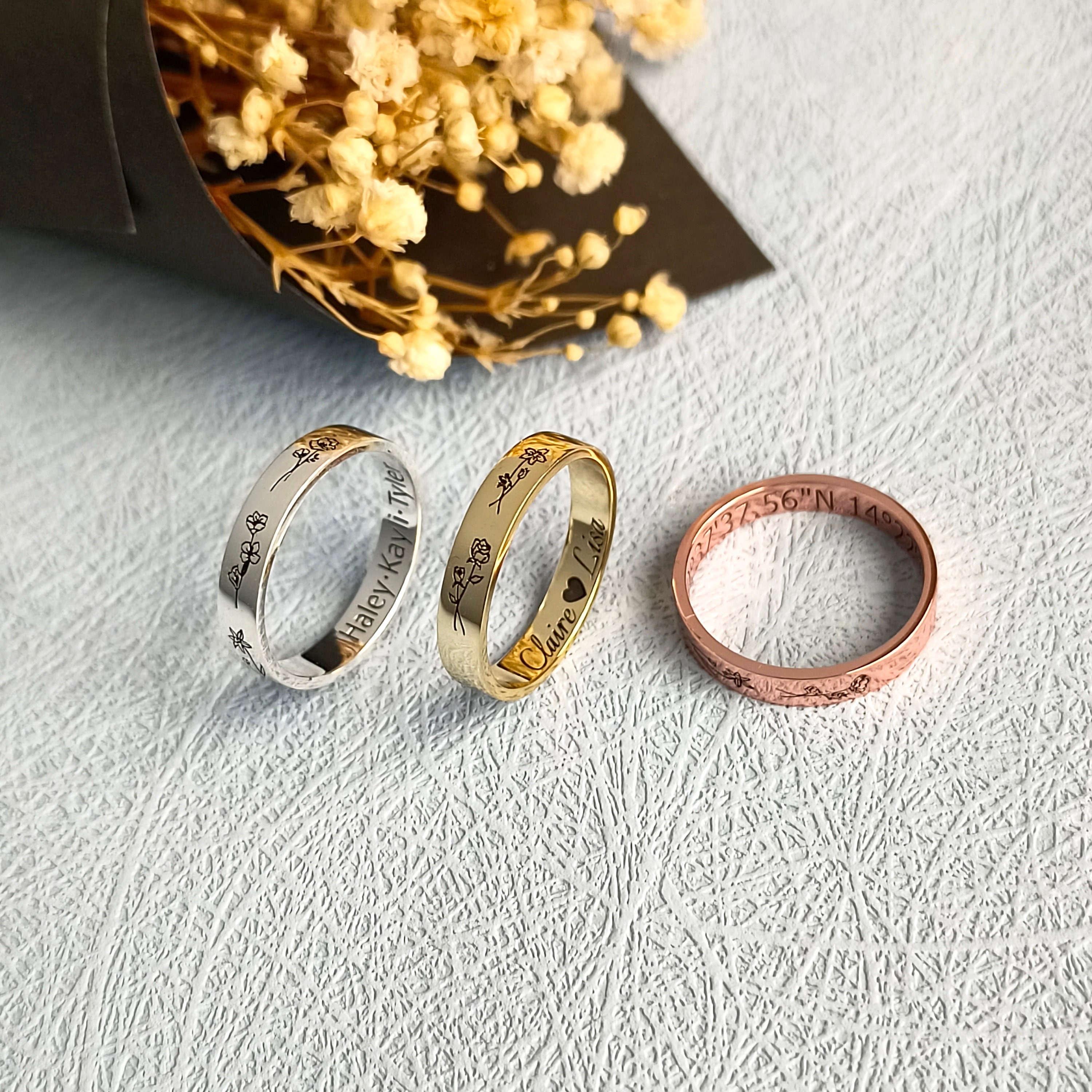 Custom Birth Flower Ring • Family Flower Ring • Name Ring • Minimalist ...