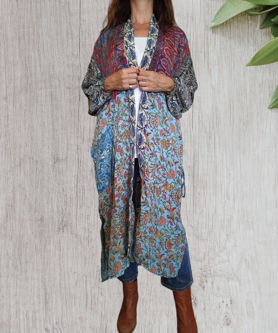 Long Patchwork Kimono Robe. Bohemian Kimono. Patchwork Kimono Jacket ...