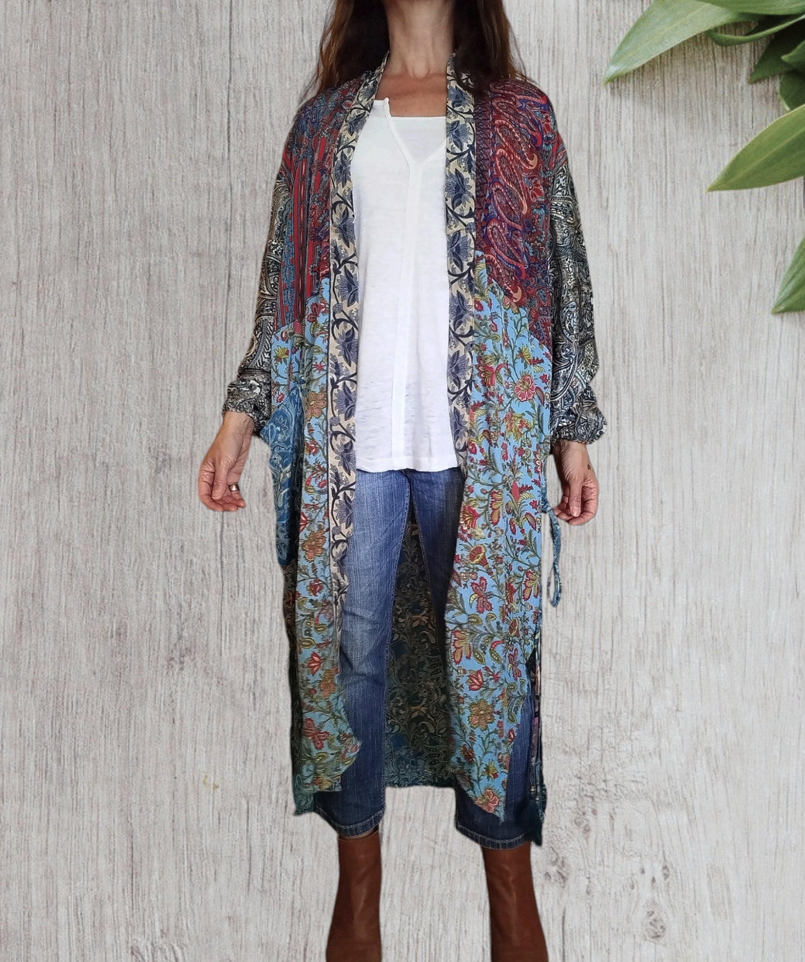 Long Patchwork Kimono Robe. Bohemian Kimono. Patchwork Kimono Jacket ...