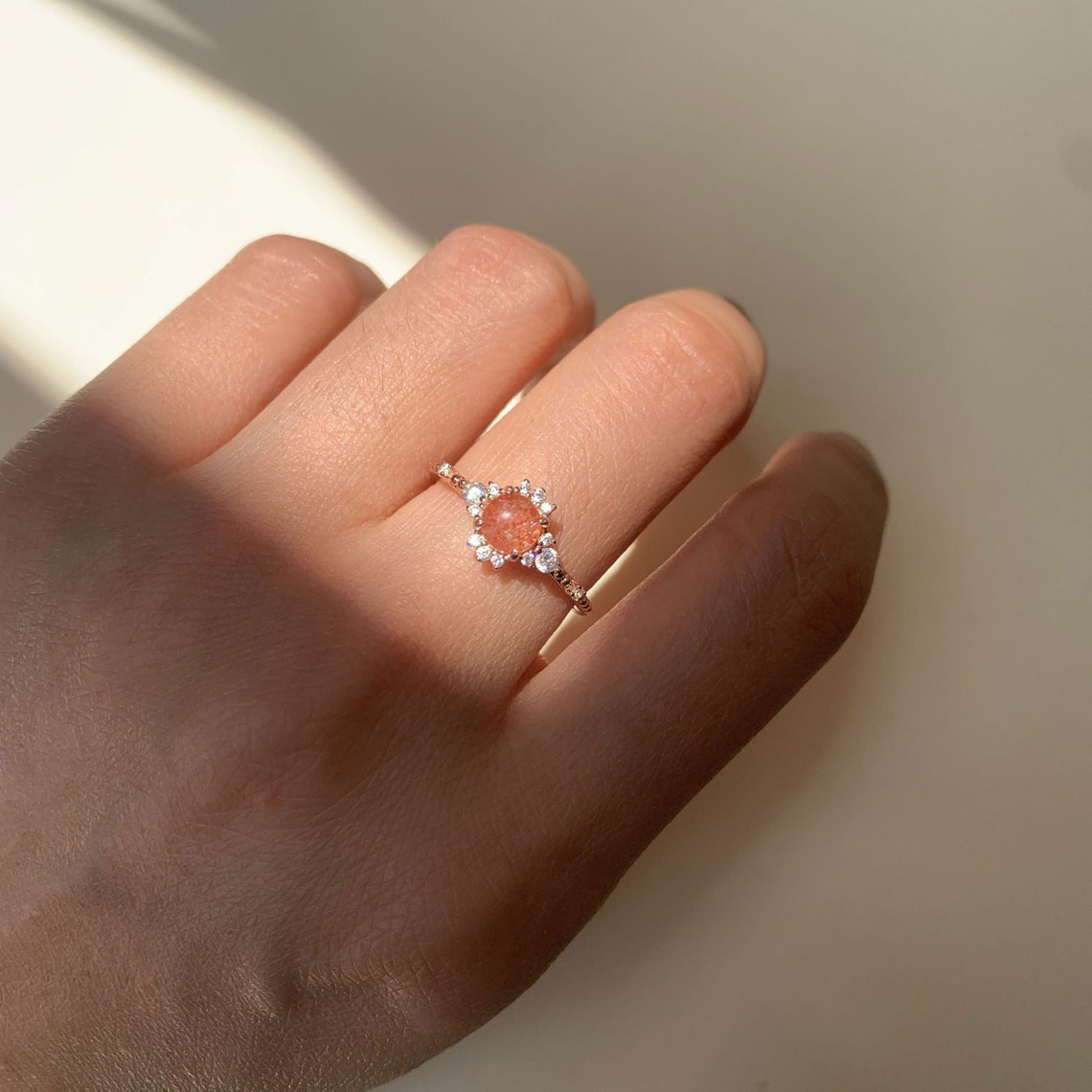 Nature Sunstone Ring Sterling Silver CZ Cluster Genuine Round - Etsy