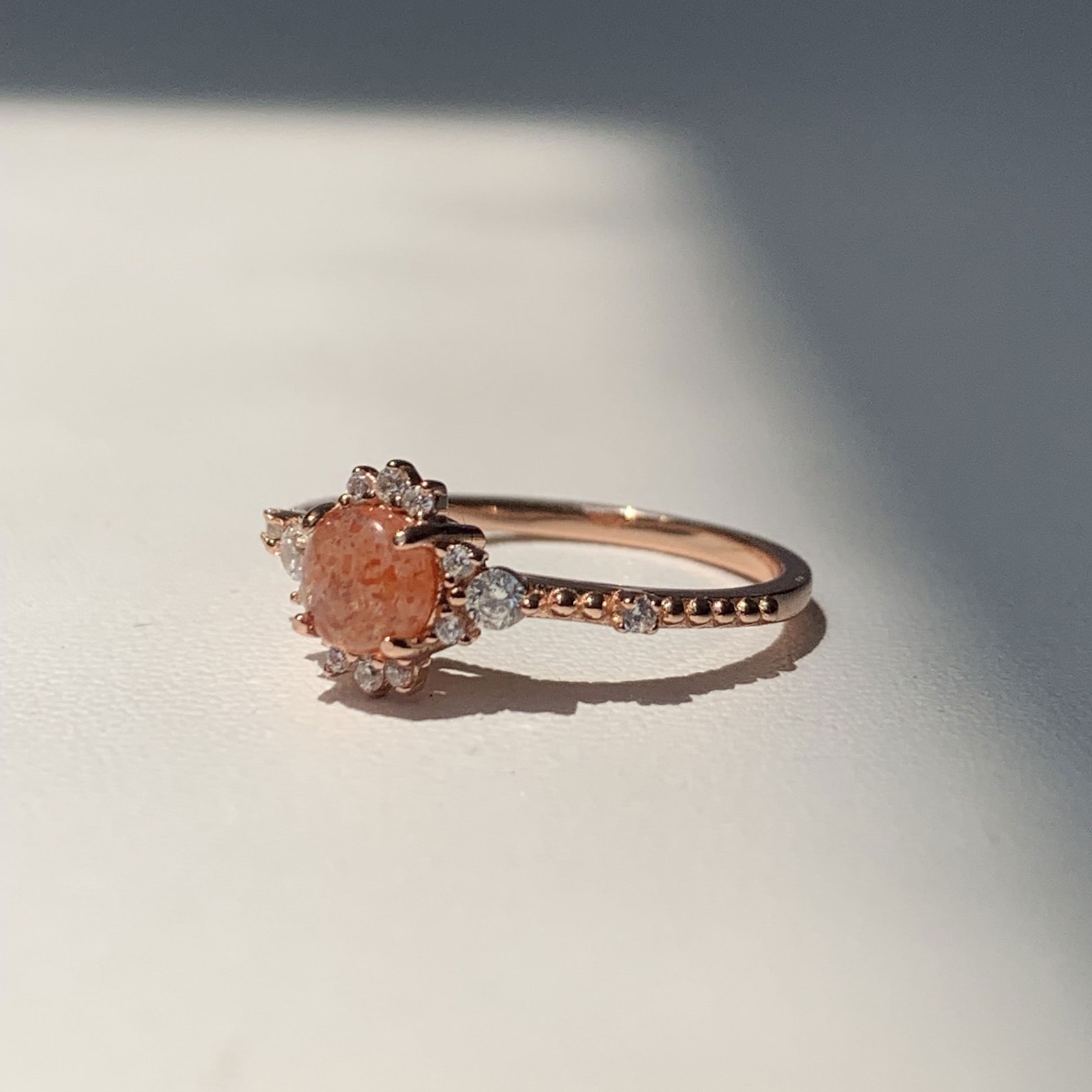 Nature Sunstone Ring Sterling Silver CZ Cluster Genuine Round - Etsy