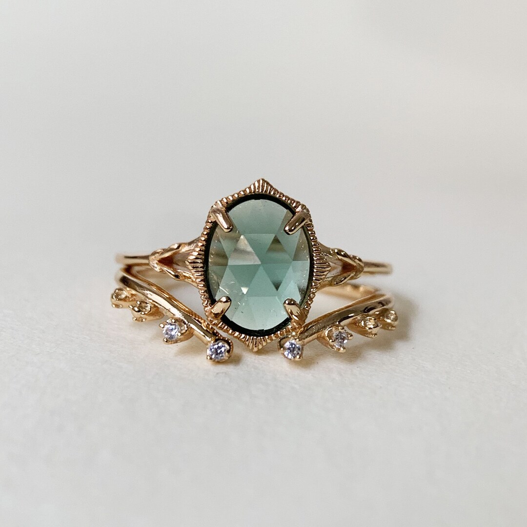 Green Amethyst Engagement Ring Set, Dainty Rose Cut Gold Promise Ring ...