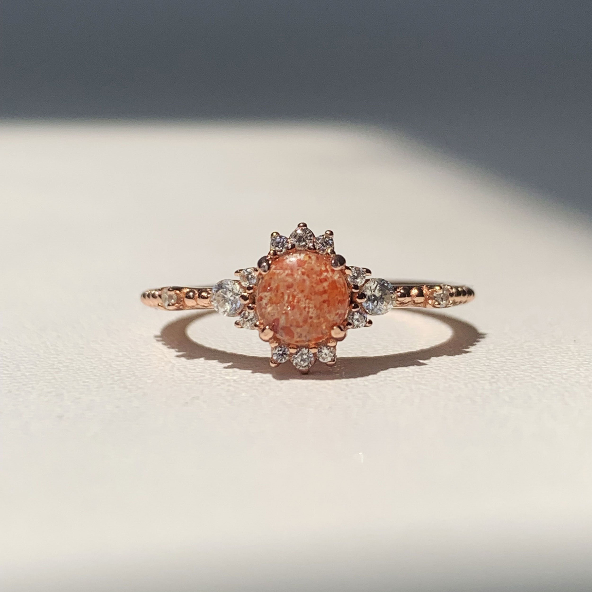 Nature Sunstone Ring Sterling Silver CZ Cluster Genuine Round - Etsy