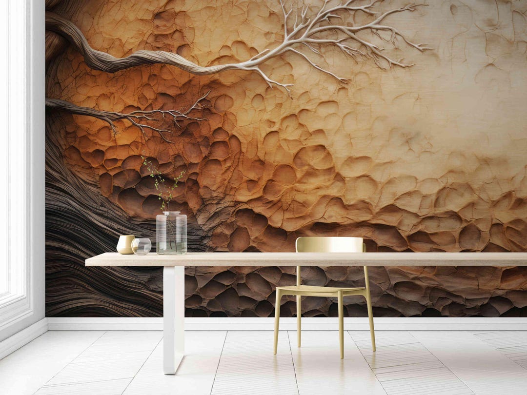 3D Tree Wallpaper Mural: Wood Carving Effect, Beige Peel and Stick ...