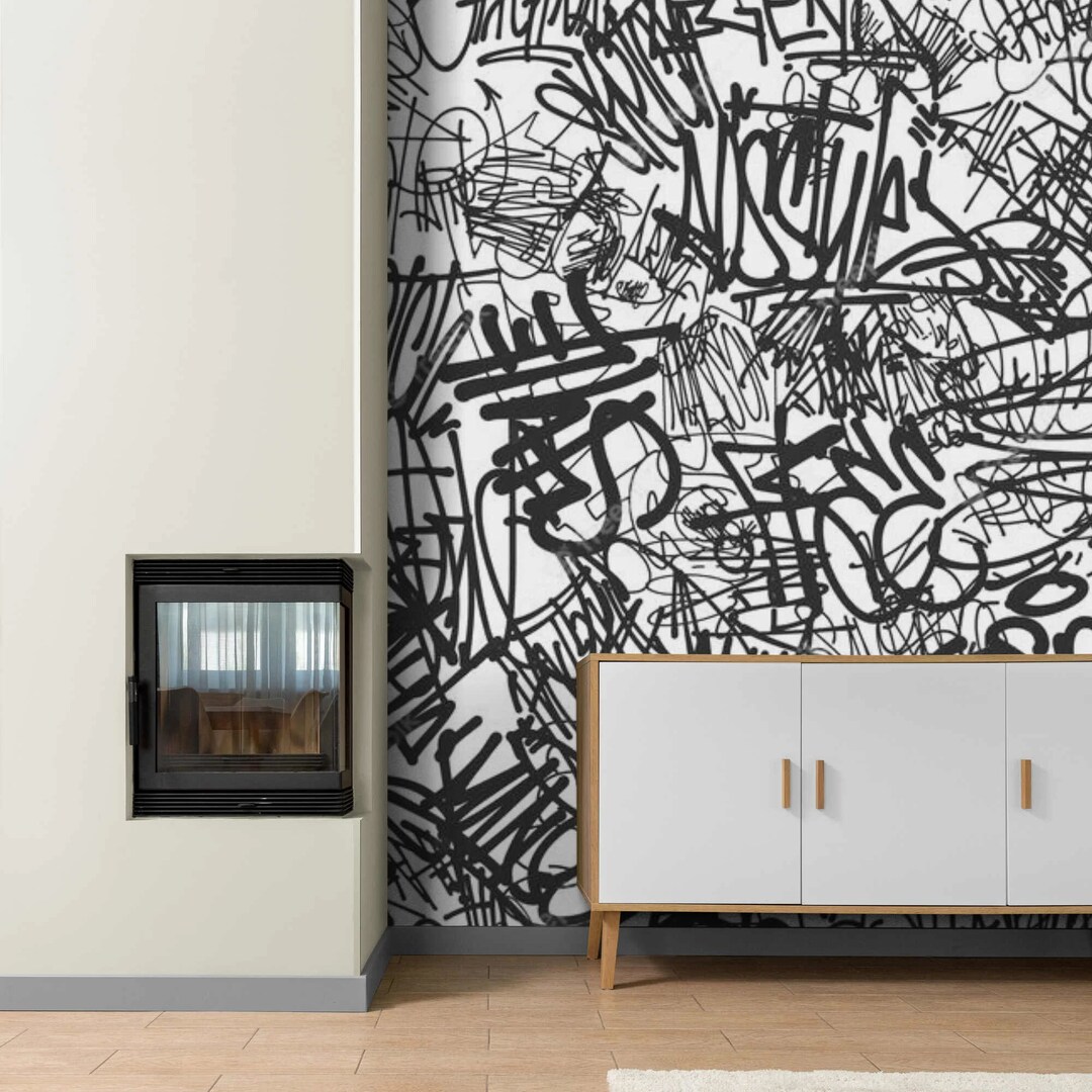 Black & White Graffiti Letters Mural - Urban Peel and Stick Wallpaper ...