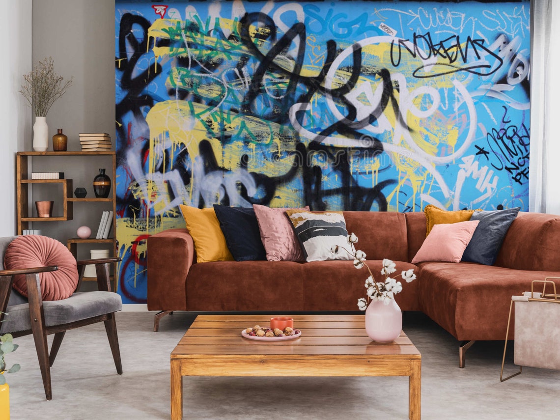 Blue Graffiti Wallpaper Wall Mural Graffiti Wall Paper | Etsy