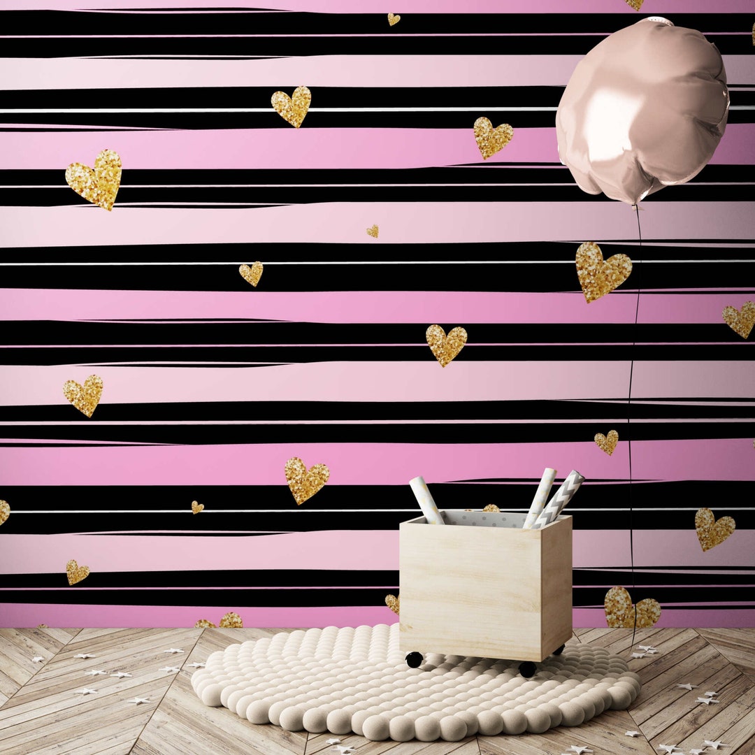Stylish Pink Wallpaper Kids Vinyl Wallpaper With Gold Hearts - Etsy