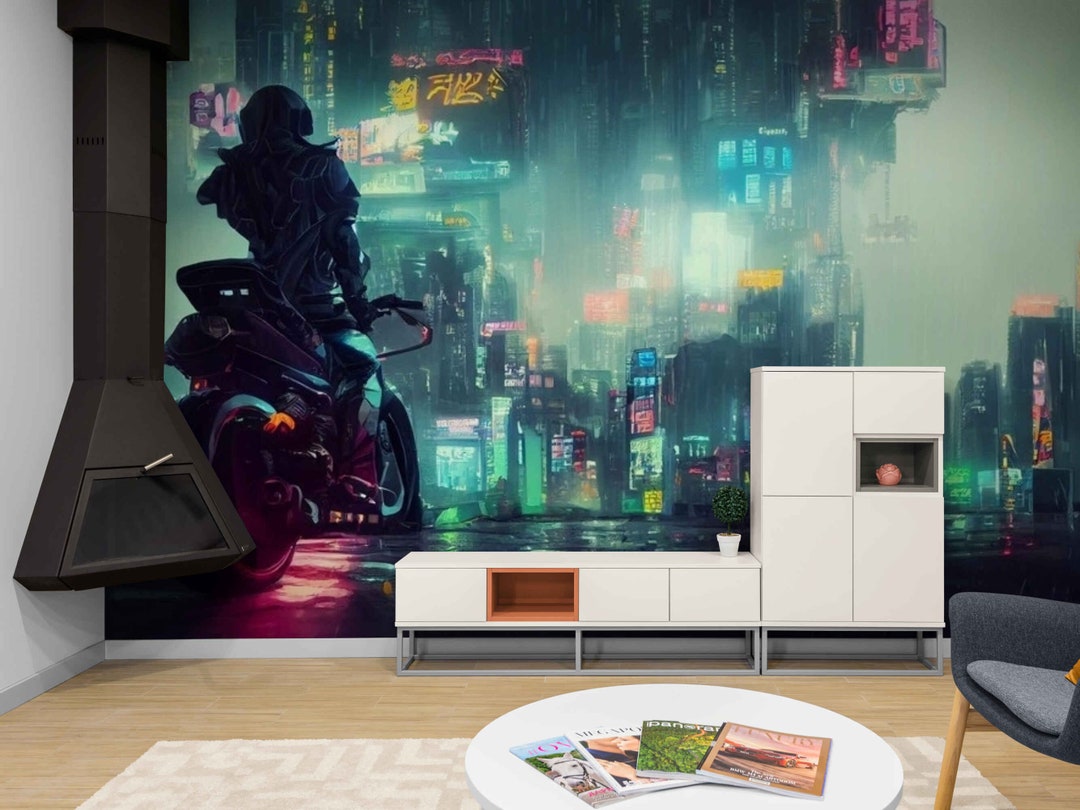 Cyberpunk City Art Peel and Stick Wallpaper, Futuristic Wall Mural ...