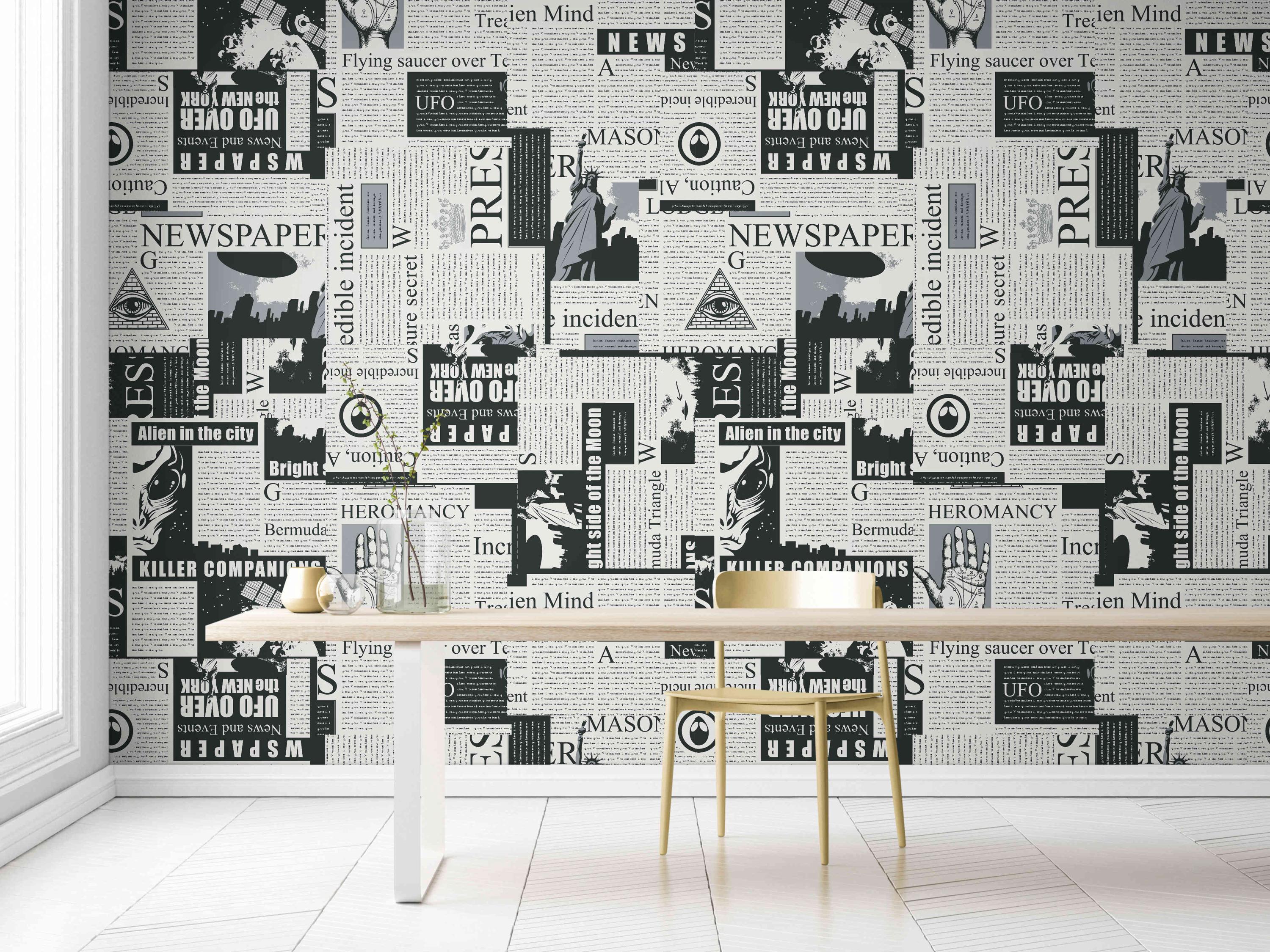 Retro Newspaper Wallpaper Print Black and White Modern Accent Wall ...