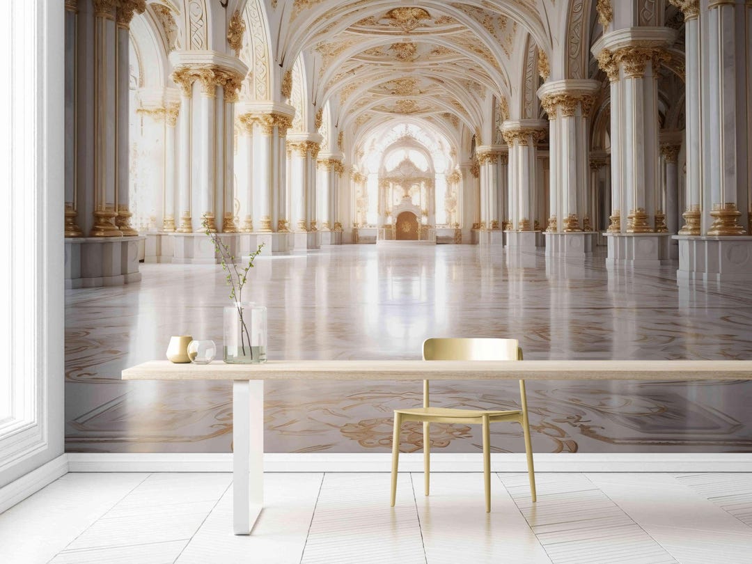 Baroque Grand Hall Wallpaper: Gold & White Classical Architecture Wall ...