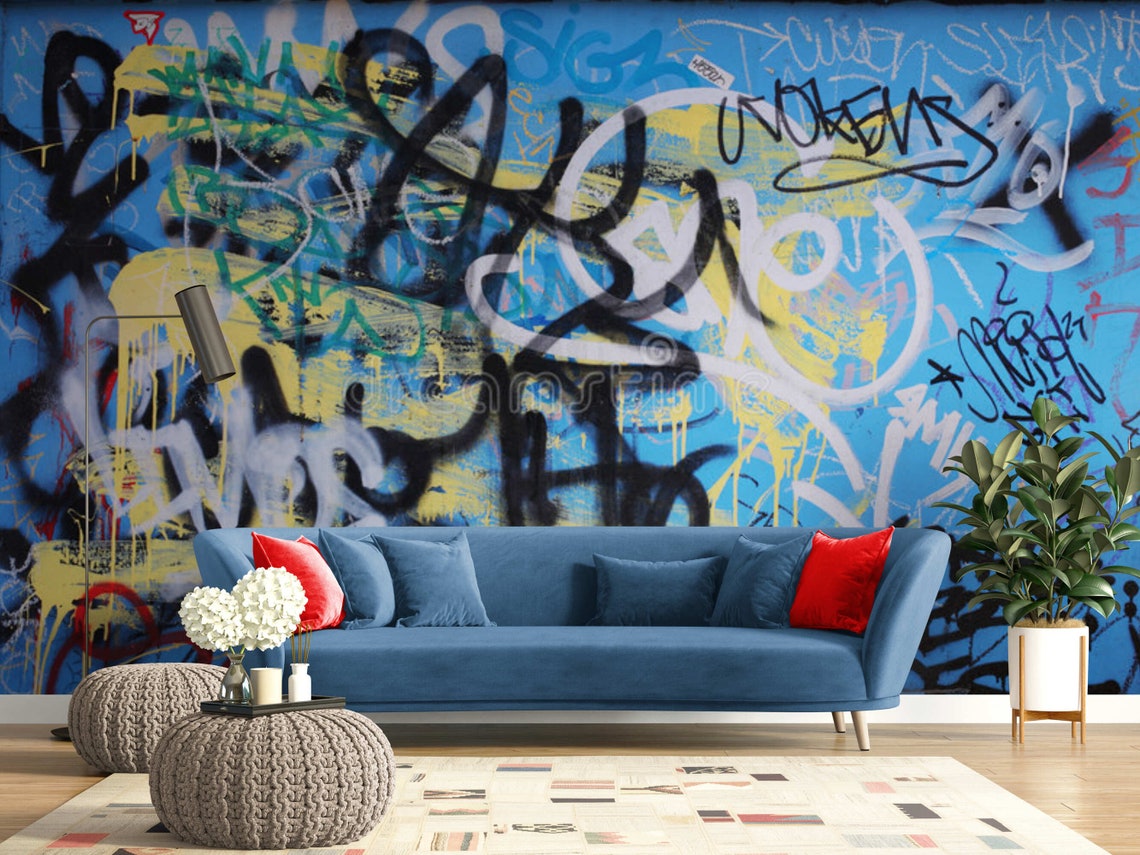 Blue Graffiti Wallpaper Wall Mural Graffiti Wall Paper | Etsy