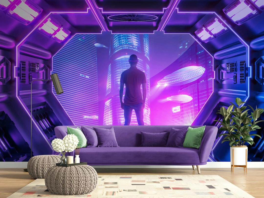 Gaming Room Spaceship Themed Peel and Stick Wallpaper, Urban Futuristic ...