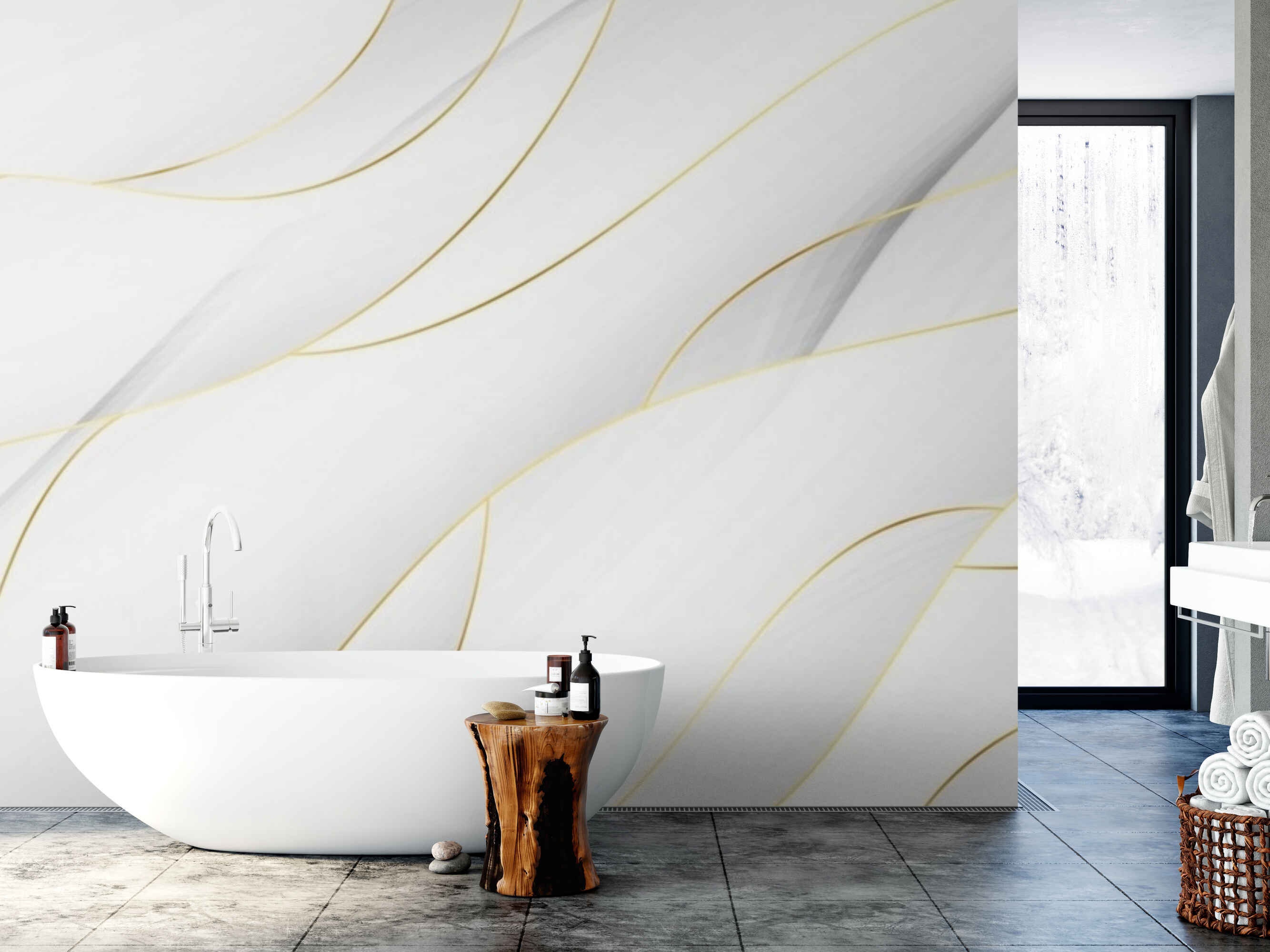 White and Gold Mural 3D Wallpaper Mural Peel Stick Mural Golden Wavy ...