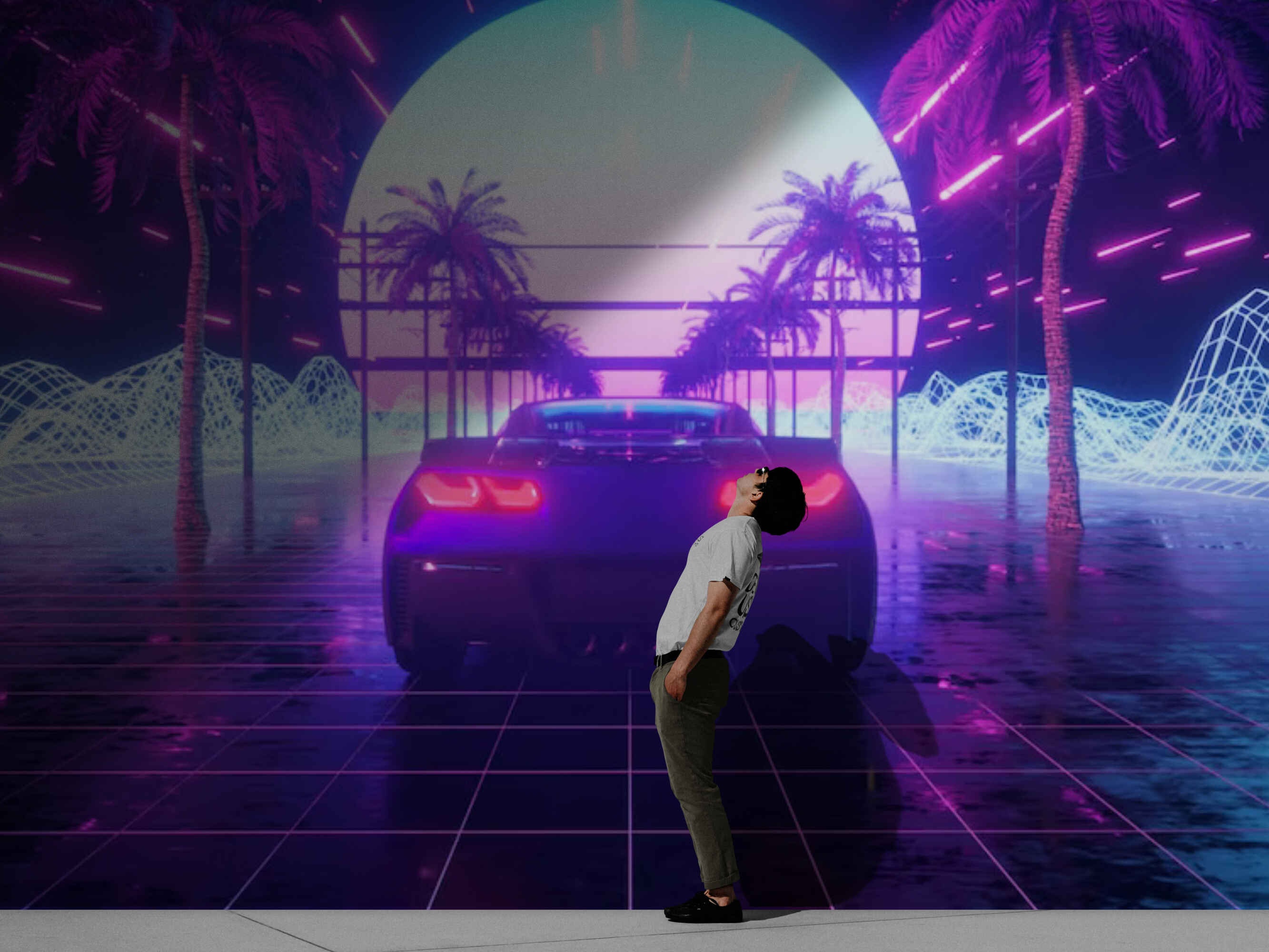 Futuristic Car Mural Neon Abstract Wallpaper Cyber Car Wall Art ...