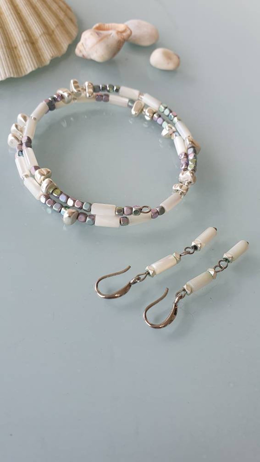 Set Bracelet and Earrings Shells Hematite Summer Woman Girl, Gift for ...