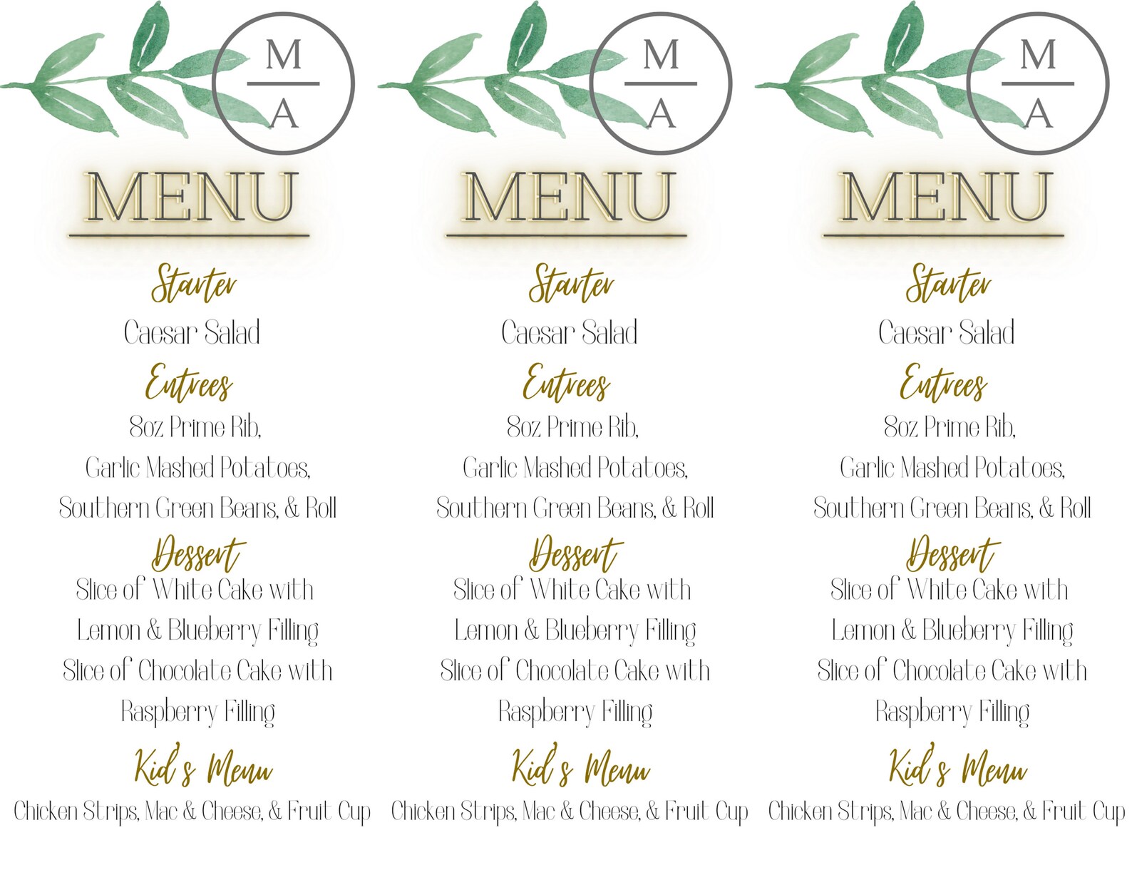 Wedding Menu Card Party Menu Card Front and Back Triple | Etsy