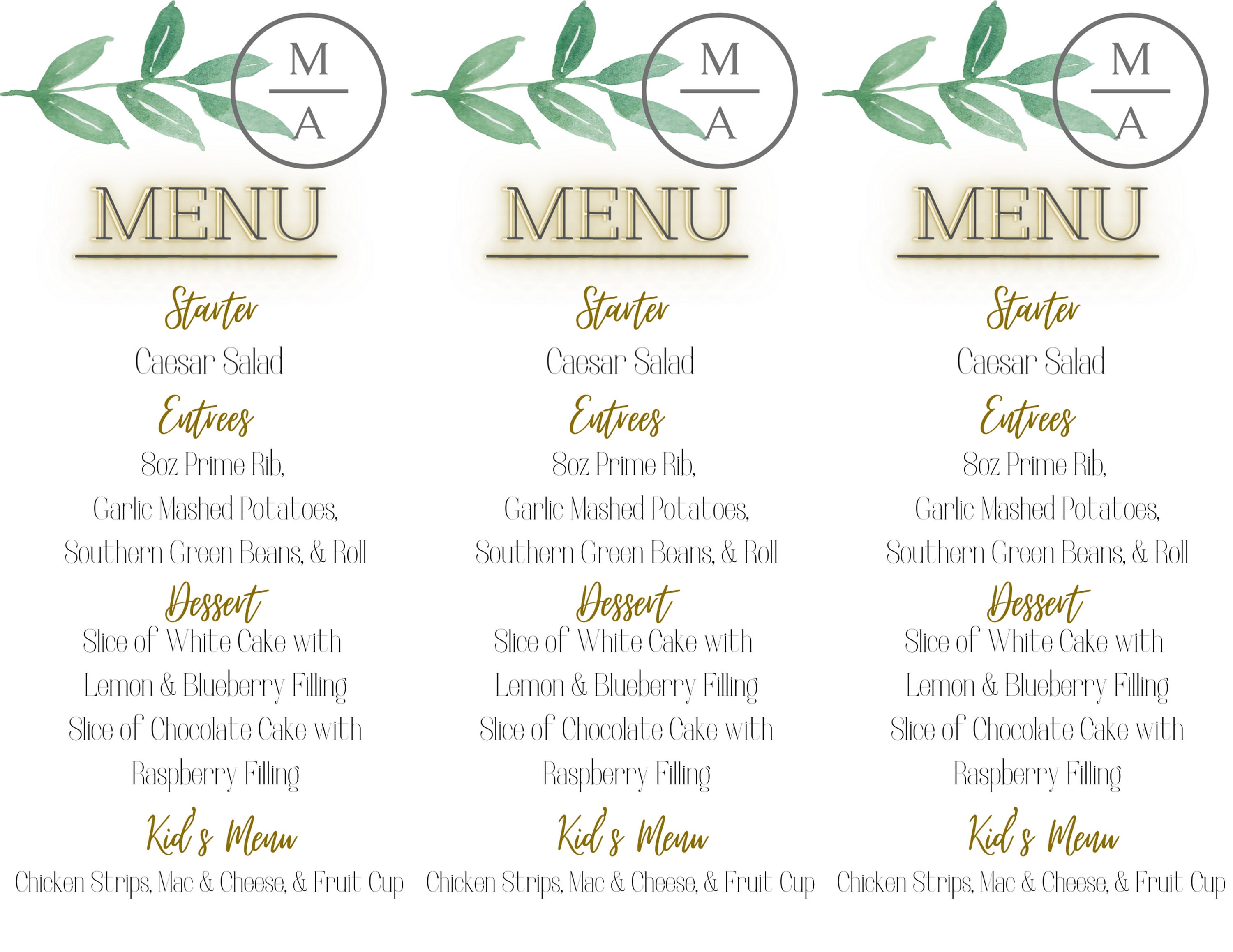 Wedding Menu Card, Party Menu Card, Front and Back, Triple Print Menu ...