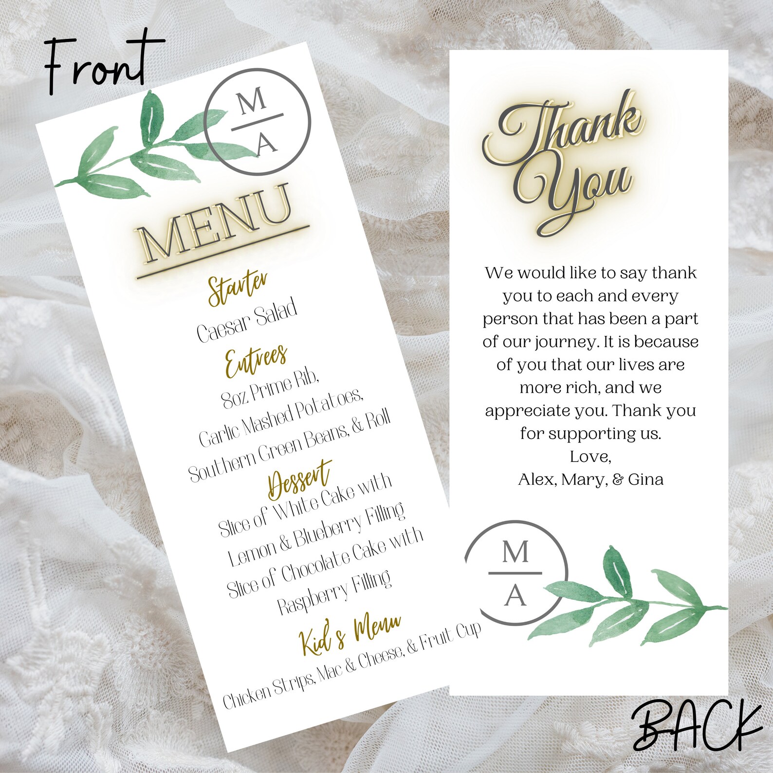 Wedding Menu Card Party Menu Card Front and Back Triple - Etsy