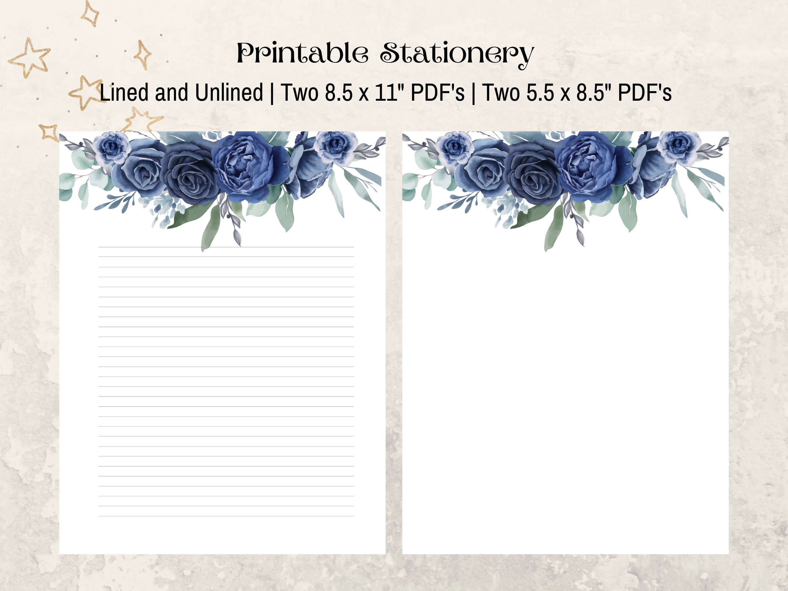 Navy Blue Floral Writing Paper Printable Elegant Navy Blue Stationery ...