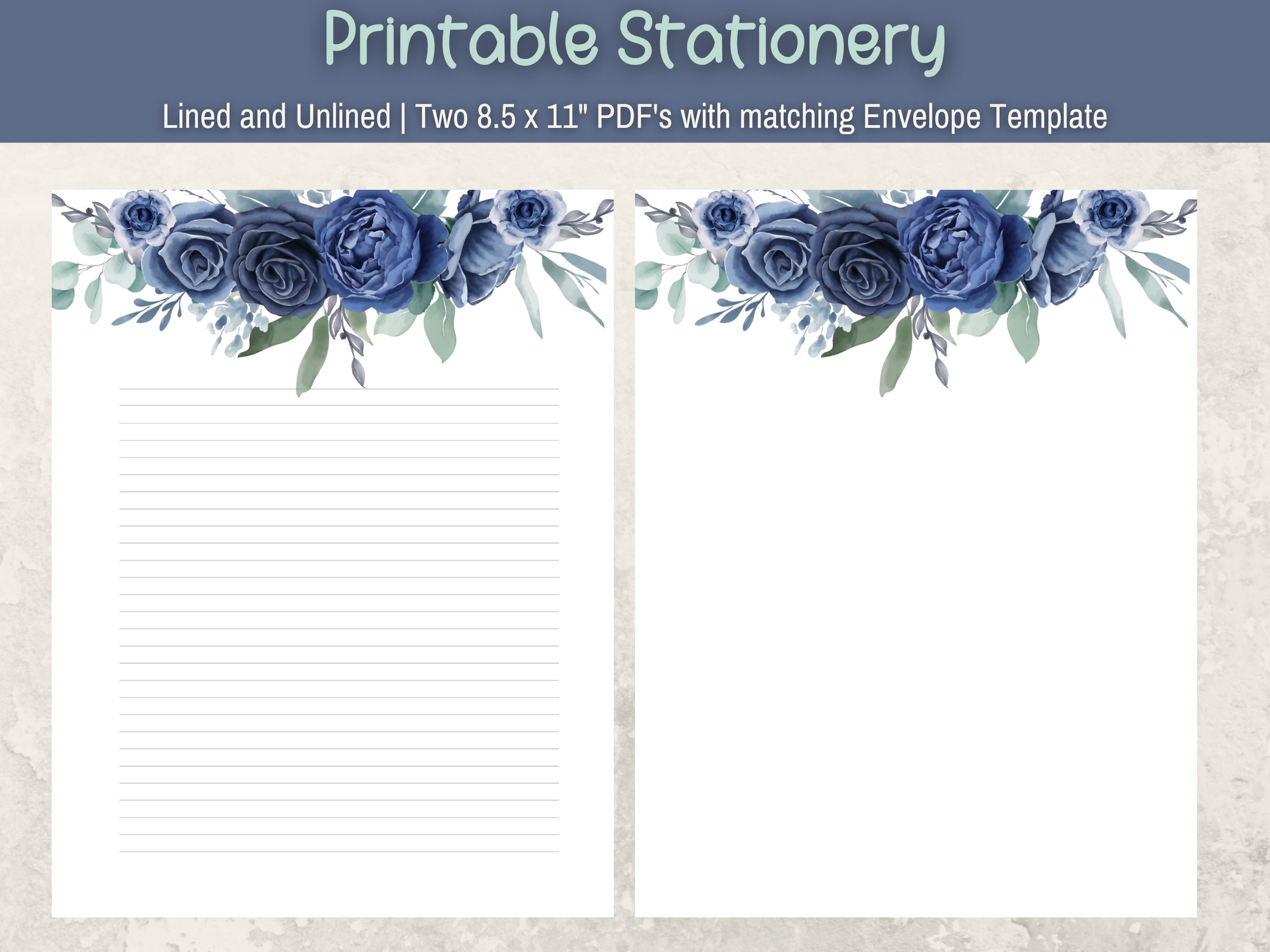 Navy Blue Floral Writing Paper Printable Elegant Navy Blue Stationery ...