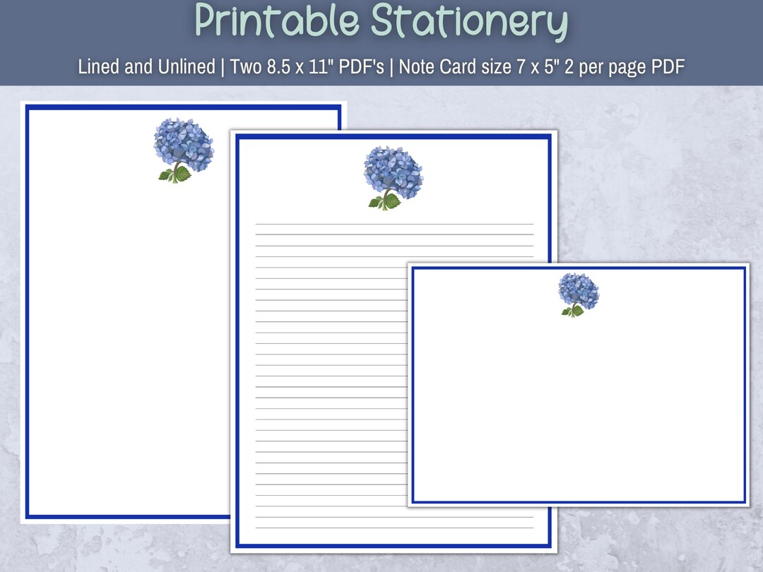 Blue Hydrangea Printable Paper Letter Writing Thank You Notes Journal ...