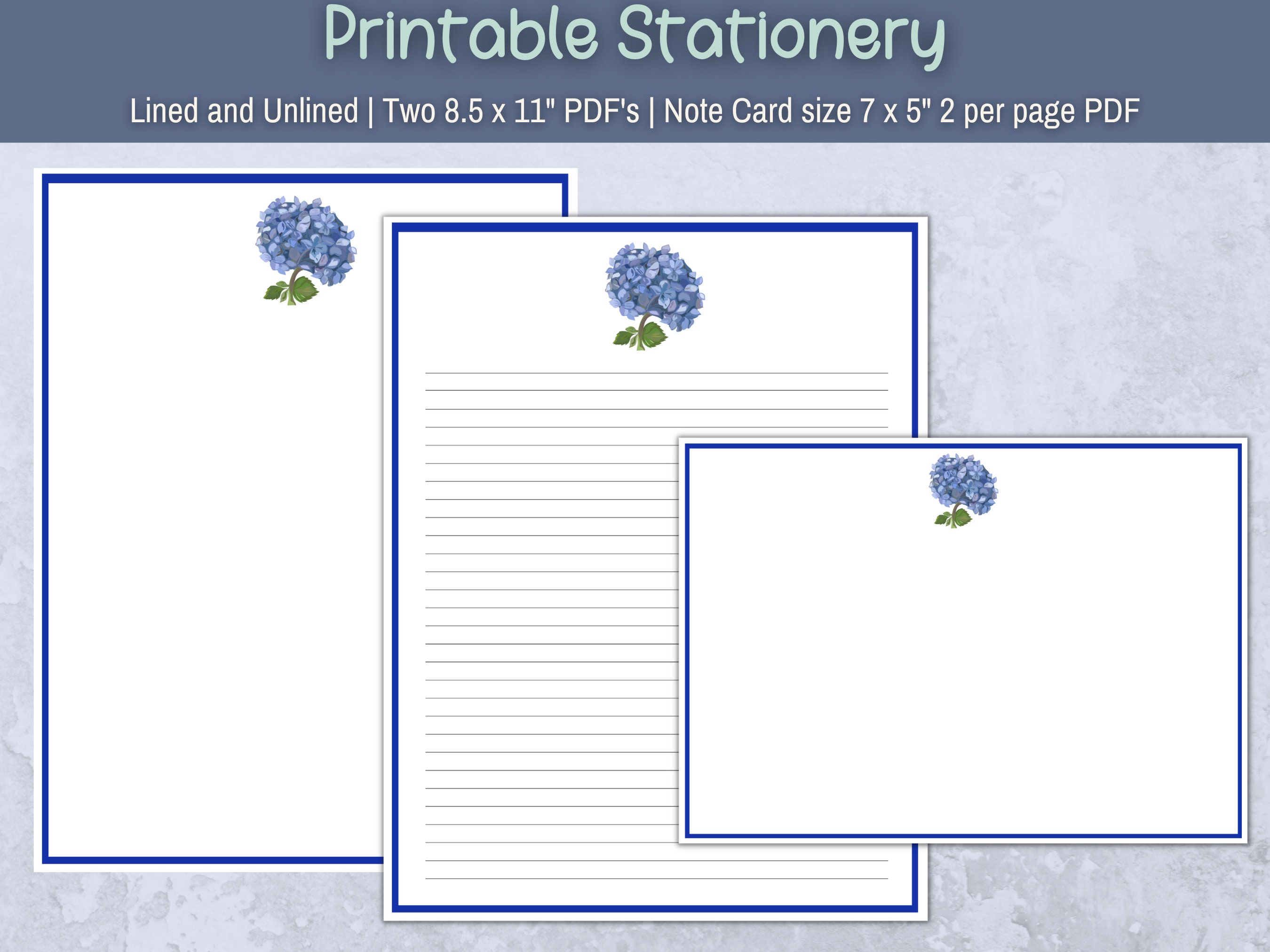 Blue Hydrangea Printable Paper Letter Writing Thank You Notes Journal ...