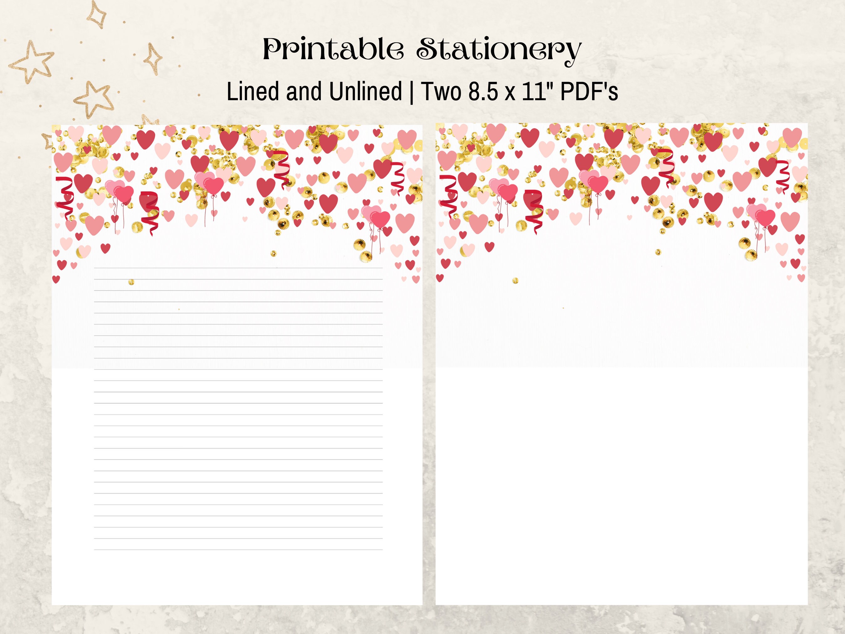Hearts Stationery Printable Paper, Letter Writing Journal Pages, Hearts ...
