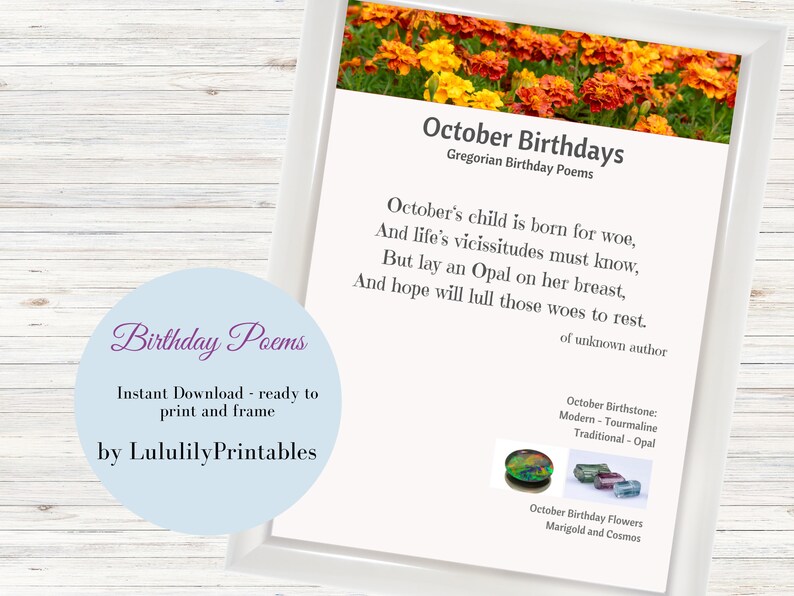 October Birth Month Flowers Printable Birthstone Poem October Birthday ...
