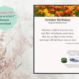 October Birth Month Flowers Printable Birthstone Poem October Birthday ...