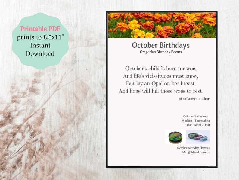 October Birth Month Flowers Printable Birthstone Poem October Birthday ...