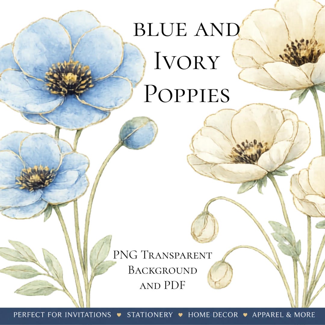 Watercolor Poppy Clipart, Blue Ivory Poppy Bundle, Gold Foil Floral ...