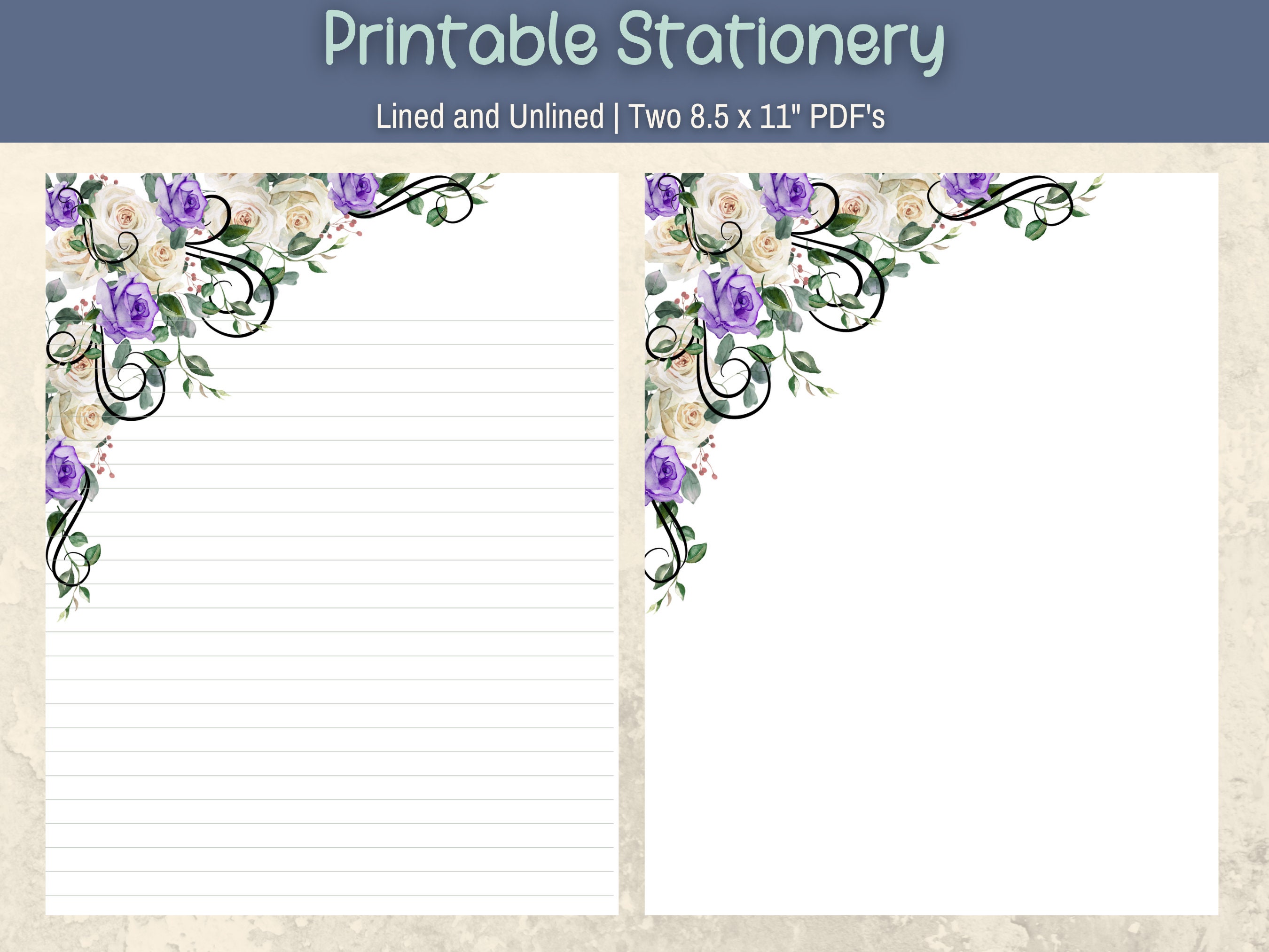 Printable Botanical Floral Stationery Note Paper in Purple and Black - Etsy