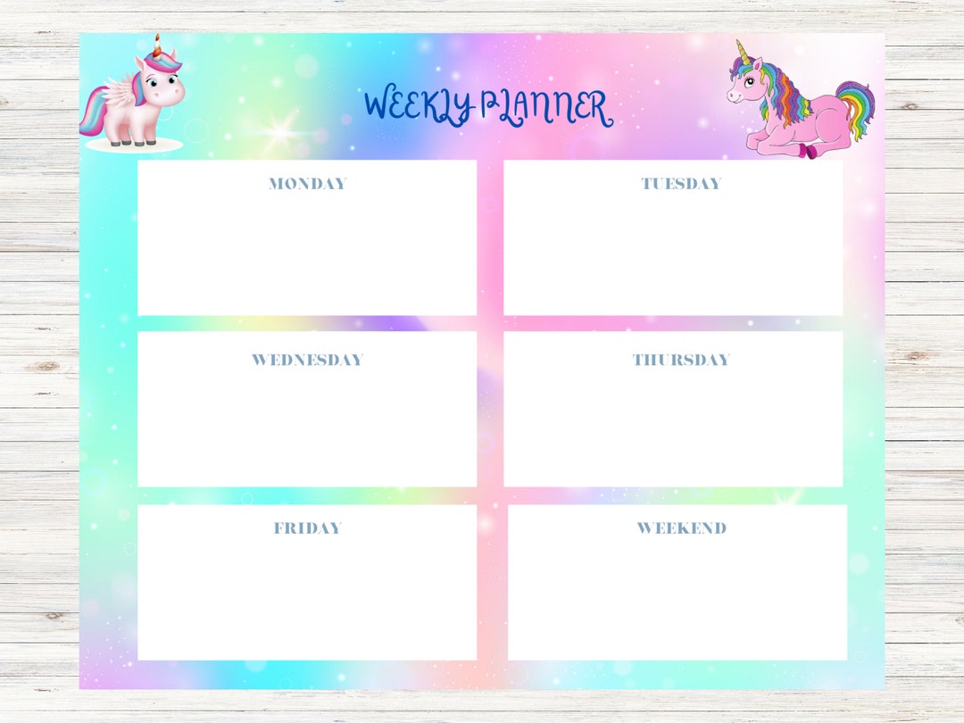 Kids Weekly Planner: Unicorn Printable, Colorful Back to School ...